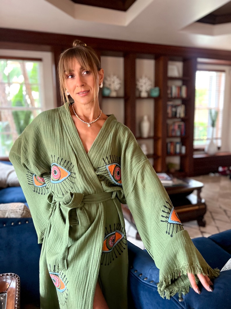 Evil Eye Turkish Cotton Robe, Boho Kaftan Kimono, Handprinted Design ...