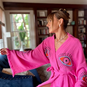 Boho Morning Robe, Organic Cotton Spa Robe, Bridal Robe, Evil Eye ...