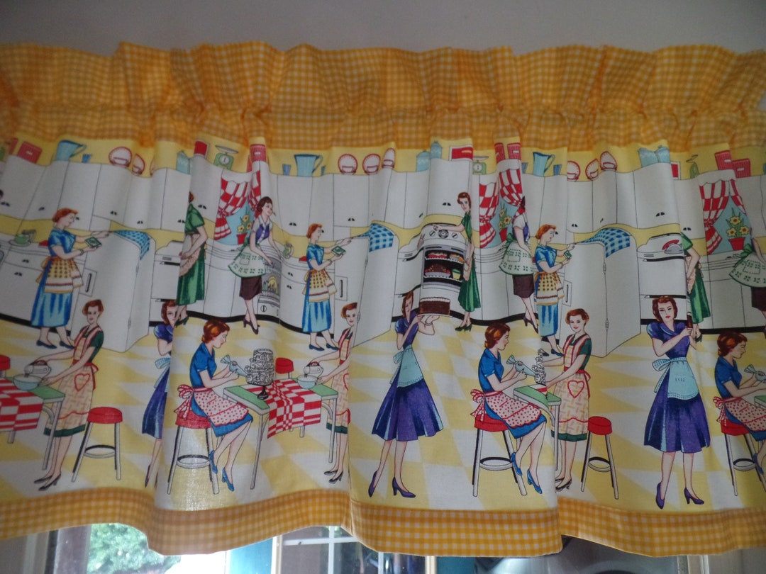 Retro 1950s Kitchen Valance: Handmade Cotton, Women in Aprons Print - Etsy