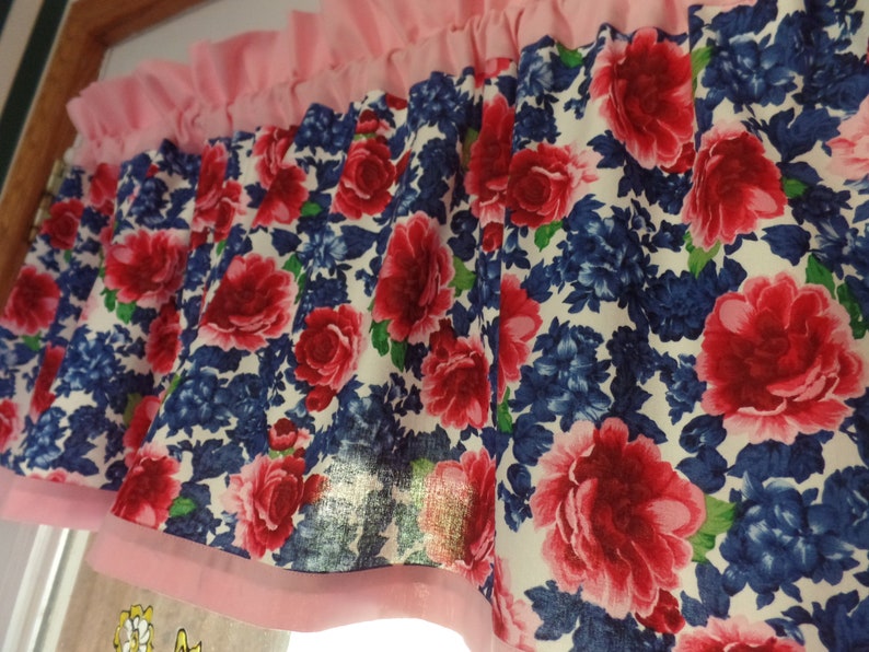 Handmade Floral Window Valance: Heritage Blue, Red Roses, Pink Trim - Etsy