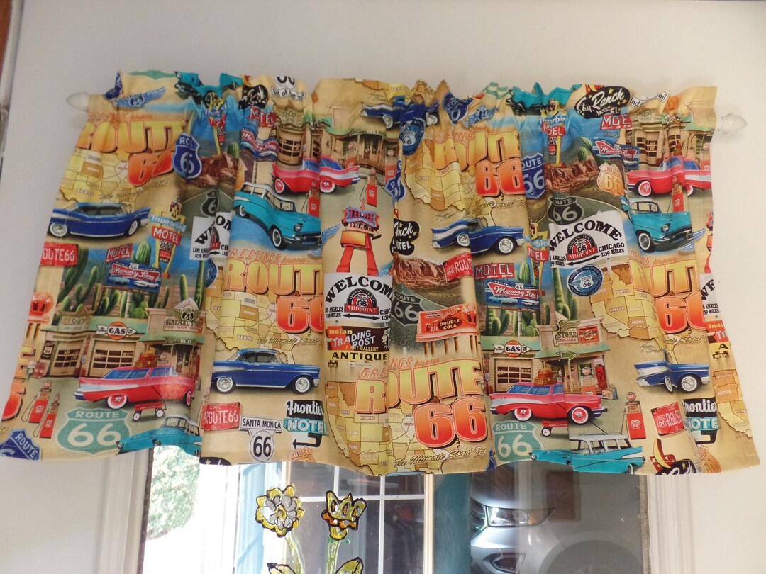 Retro 1950's, ROUTE 66, Handmade Window Topper Valance, Gas Pumps, Cars ...
