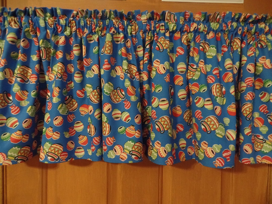 Handmade Southwestern Pottery Vase Window Valance, Blue Cotton, 42" W ...