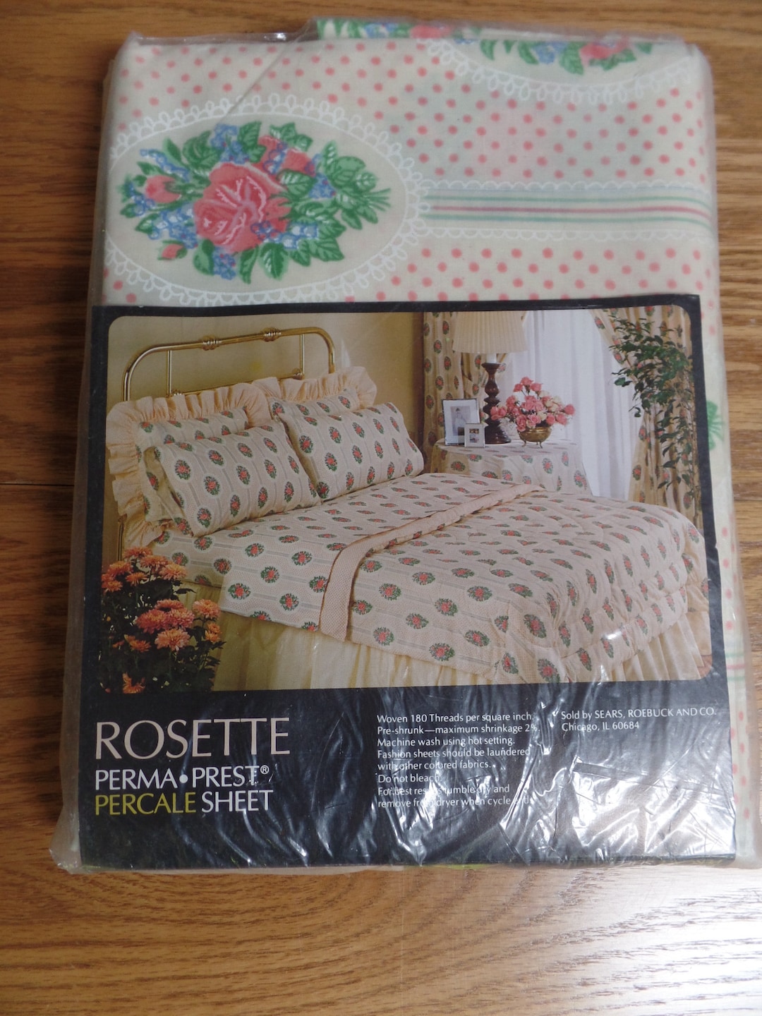 Vintage,unopened, Sears Rosette Double Flat Bed Sheet, Pink Rose Vignette, Dots, Mattress Size ...