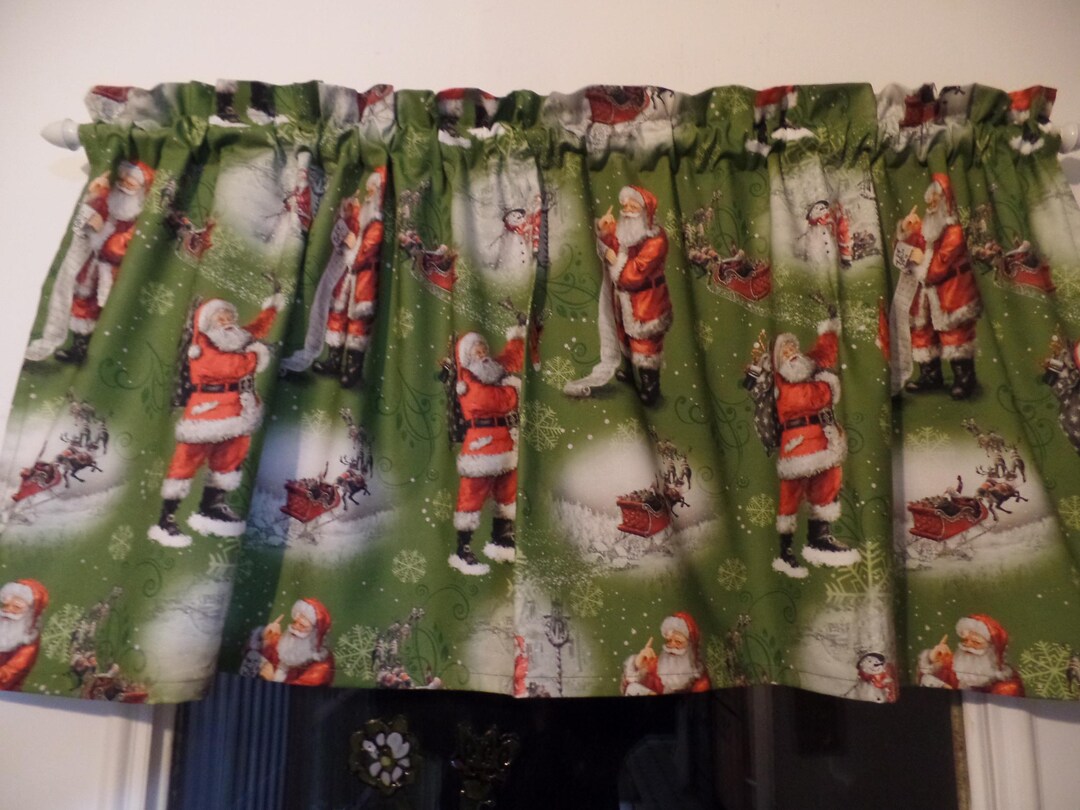 Santa Claus Christmas Valance, Handmade Cotton Window Topper: Green ...