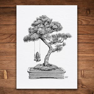 Bonsai Tree Girl Art Print, Black and White Wall Art - Etsy