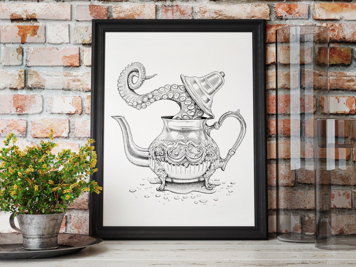 Octopus Teapot Pen and Ink Print Funny Animal and Nature - Etsy