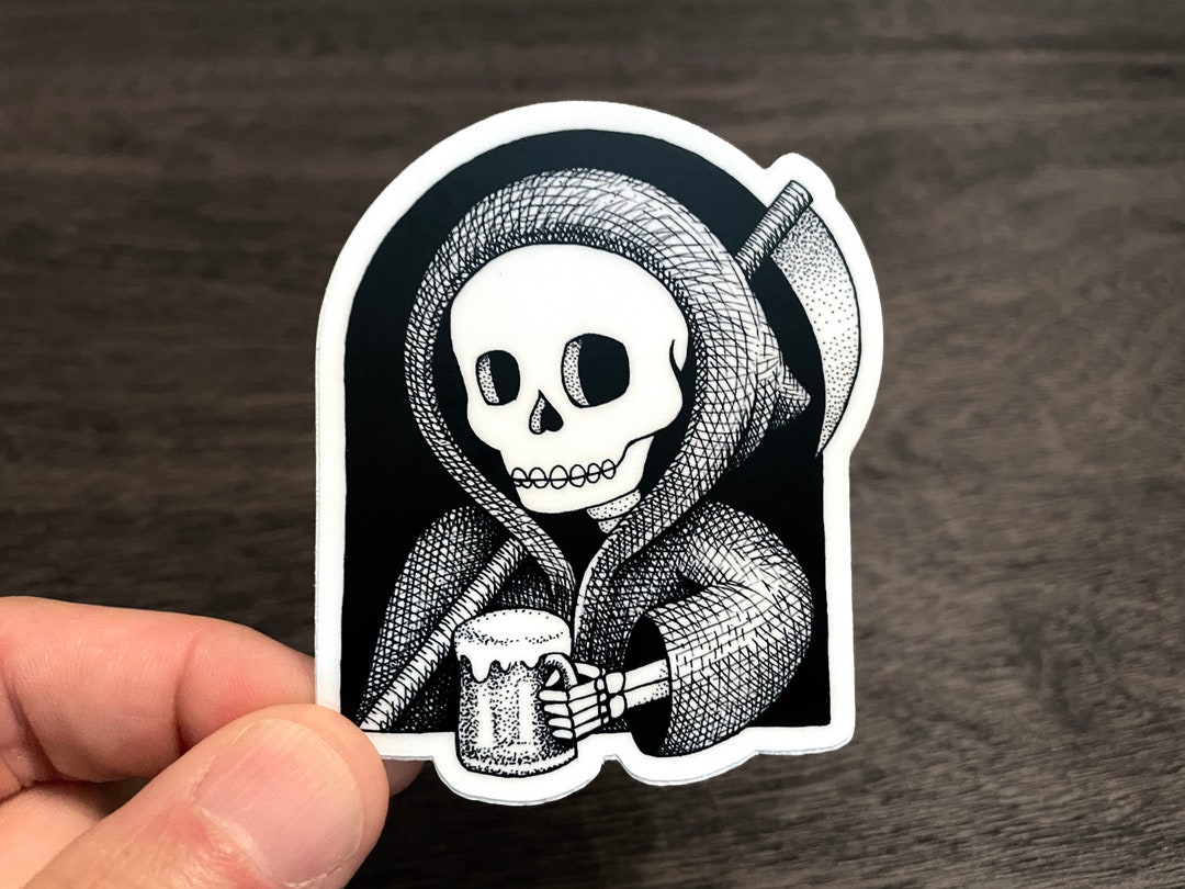Grim Reaper Beer Drinker Vinyl Sticker Pen and Ink - Etsy