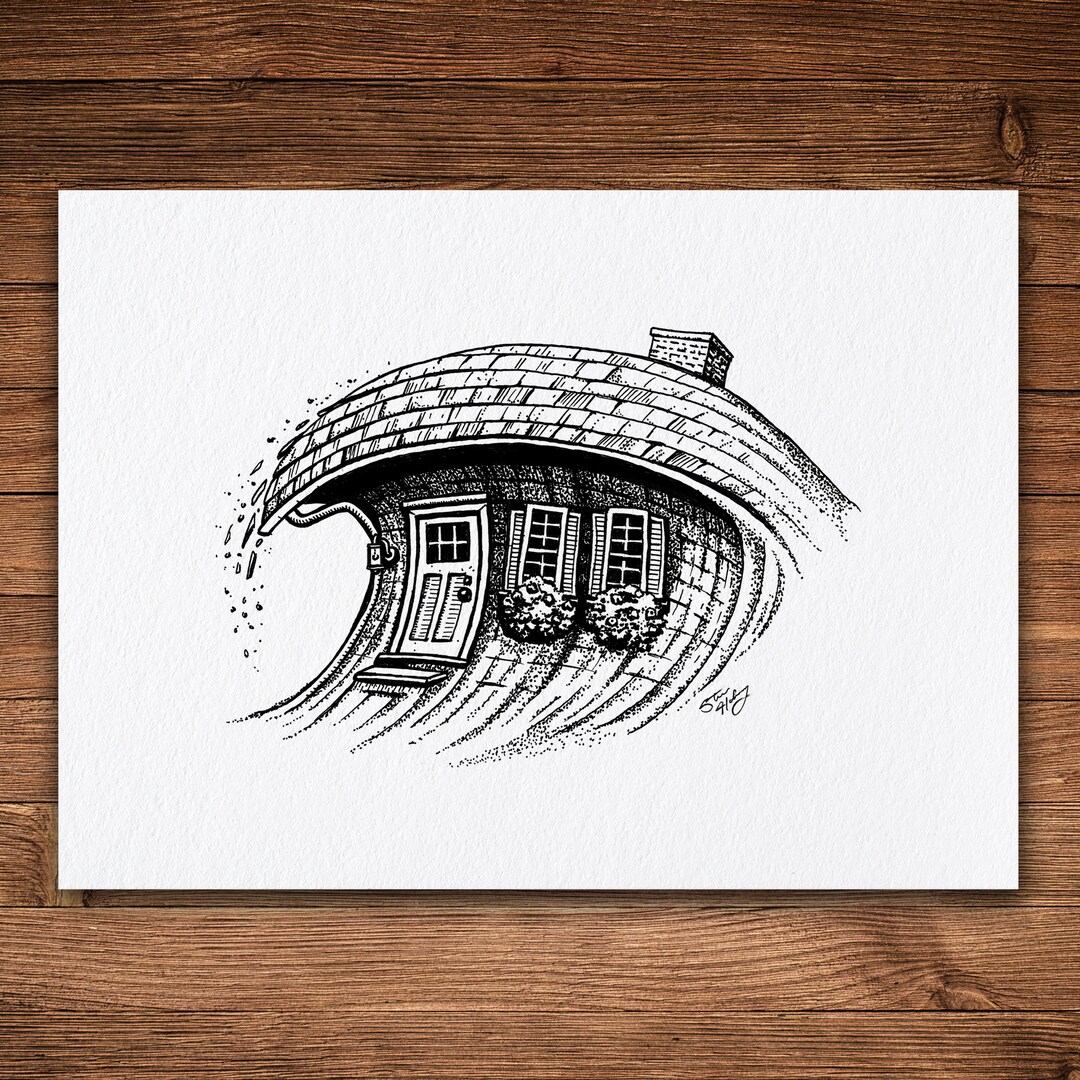 Ocean Wave House Pen and Ink Print Black and White Vintage - Etsy