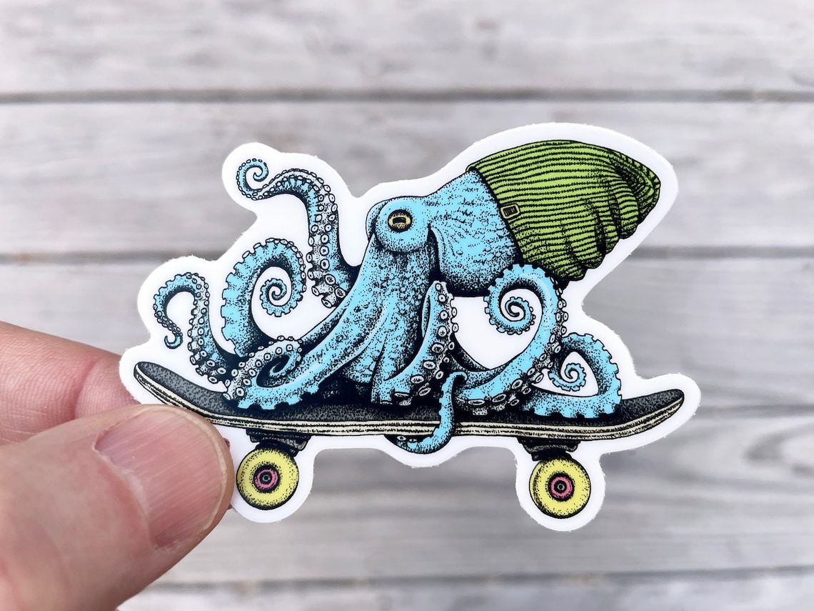 Blue Octopus Skateboarding Vinyl Sticker, Pen and Ink Illustration ...