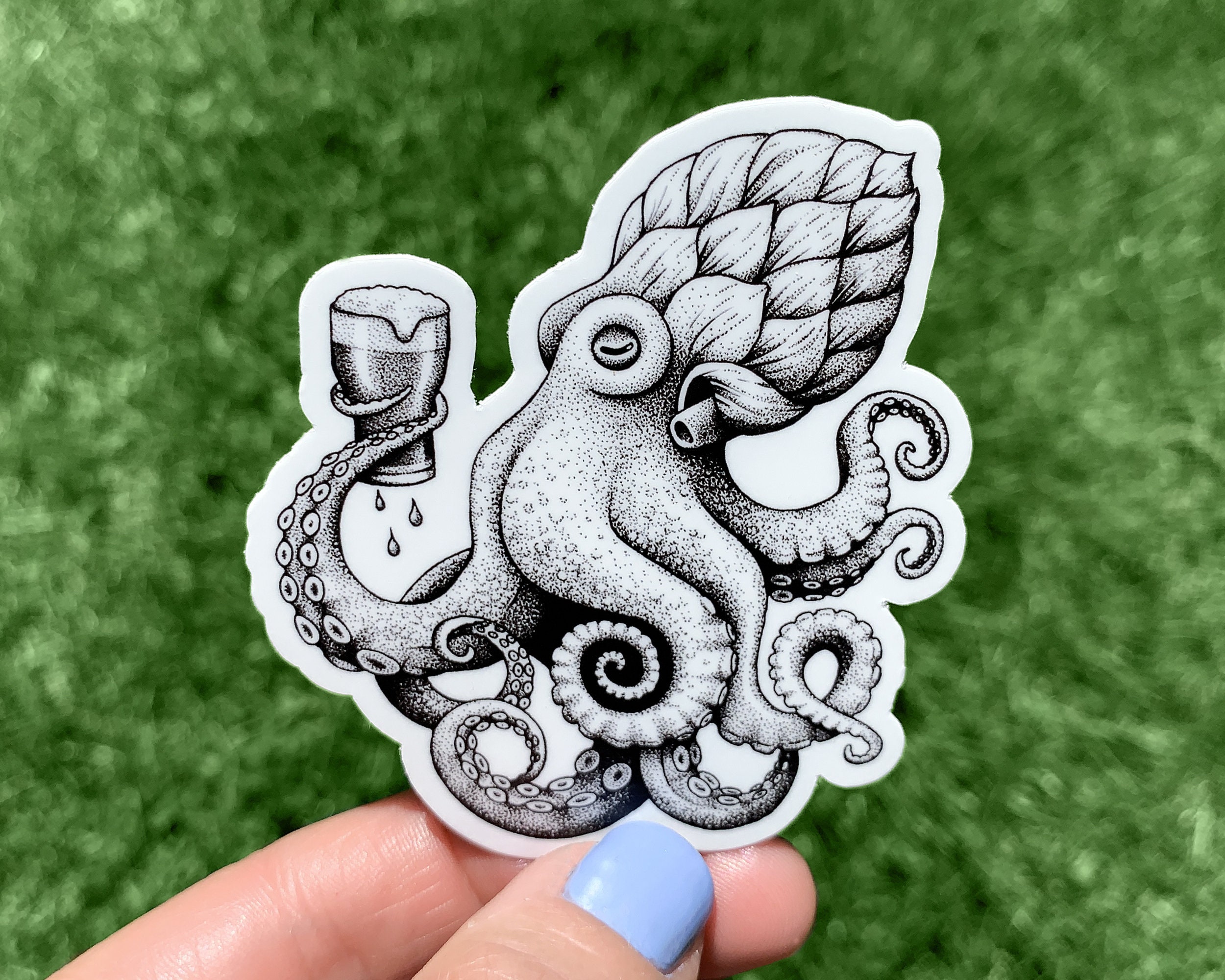 Octopus Drinking Beer Vinyl Sticker, Pen and Ink Illustration, Funny ...