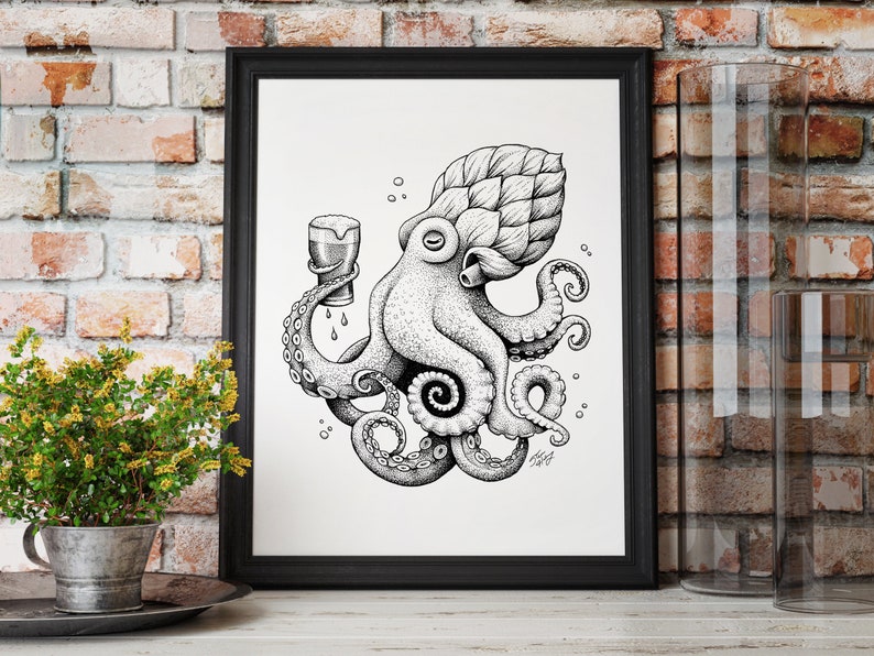 Octopus Drinking Beer Print, Funny Animal Art, Brewery Decor, Quirky ...