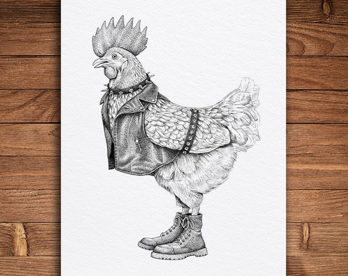 Punk Rock Chicken Pen and Ink Print Funny Animal and Nature | Etsy