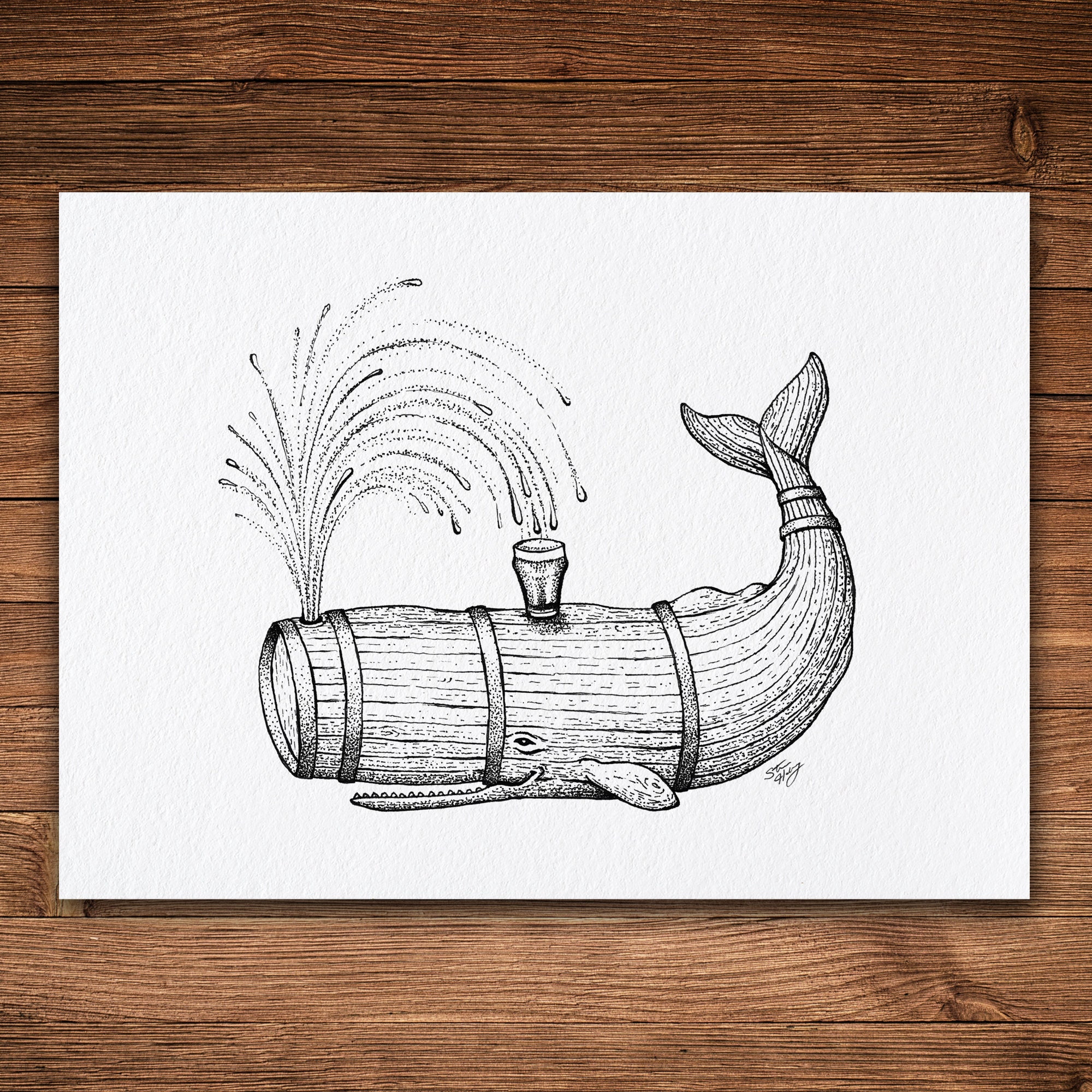 Whale Keg Pen and Ink Print Black and White Vintage Art | Etsy