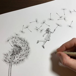 Whimsical Dandelion Girl Print, Alice in Wonderland Inspired, Pen and ...