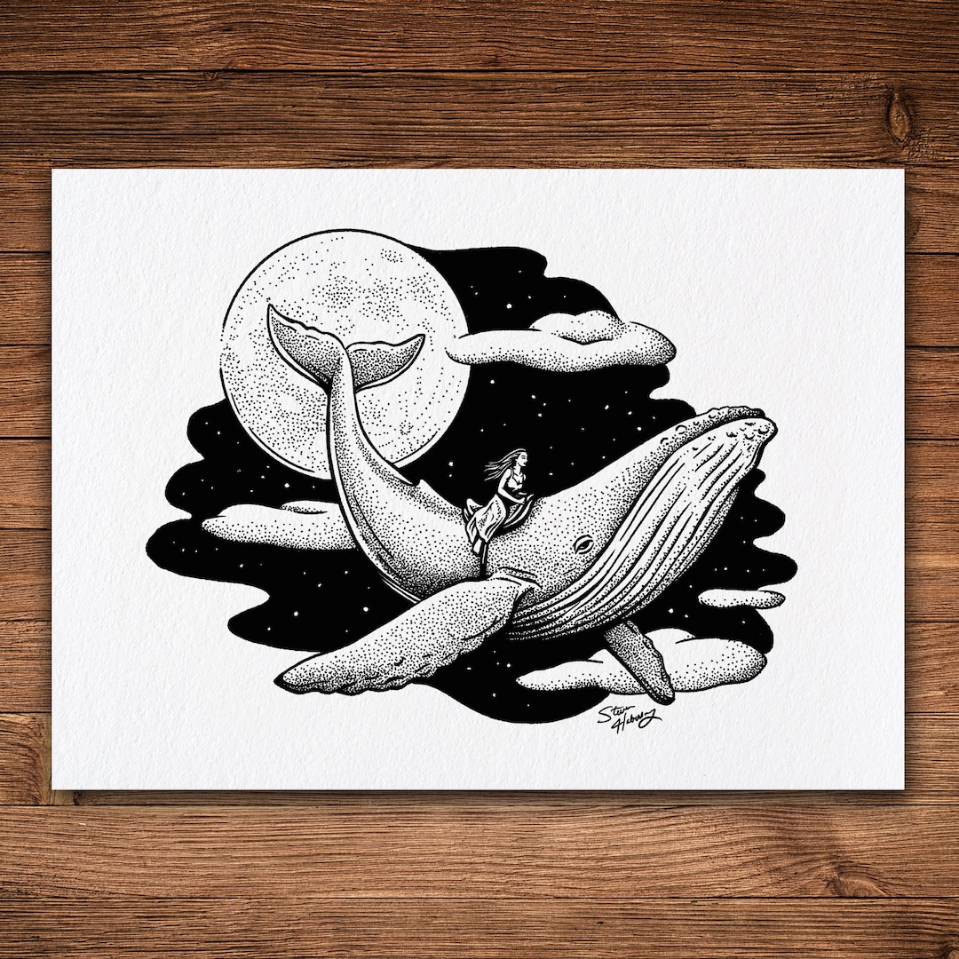 Whale Rider, Pen and Ink Print, Black and White Vintage Art, Fantasy ...