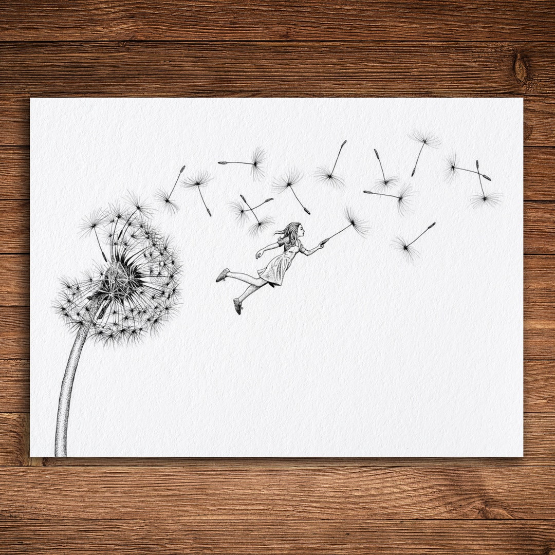 Whimsical Dandelion Girl Print, Alice in Wonderland Inspired, Pen and ...