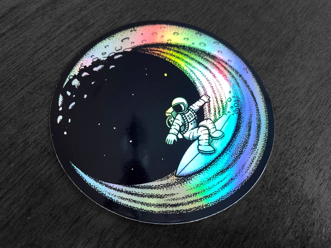 Moon Surfer Holographic Vinyl Sticker, Pen and Ink Illustration, Space ...