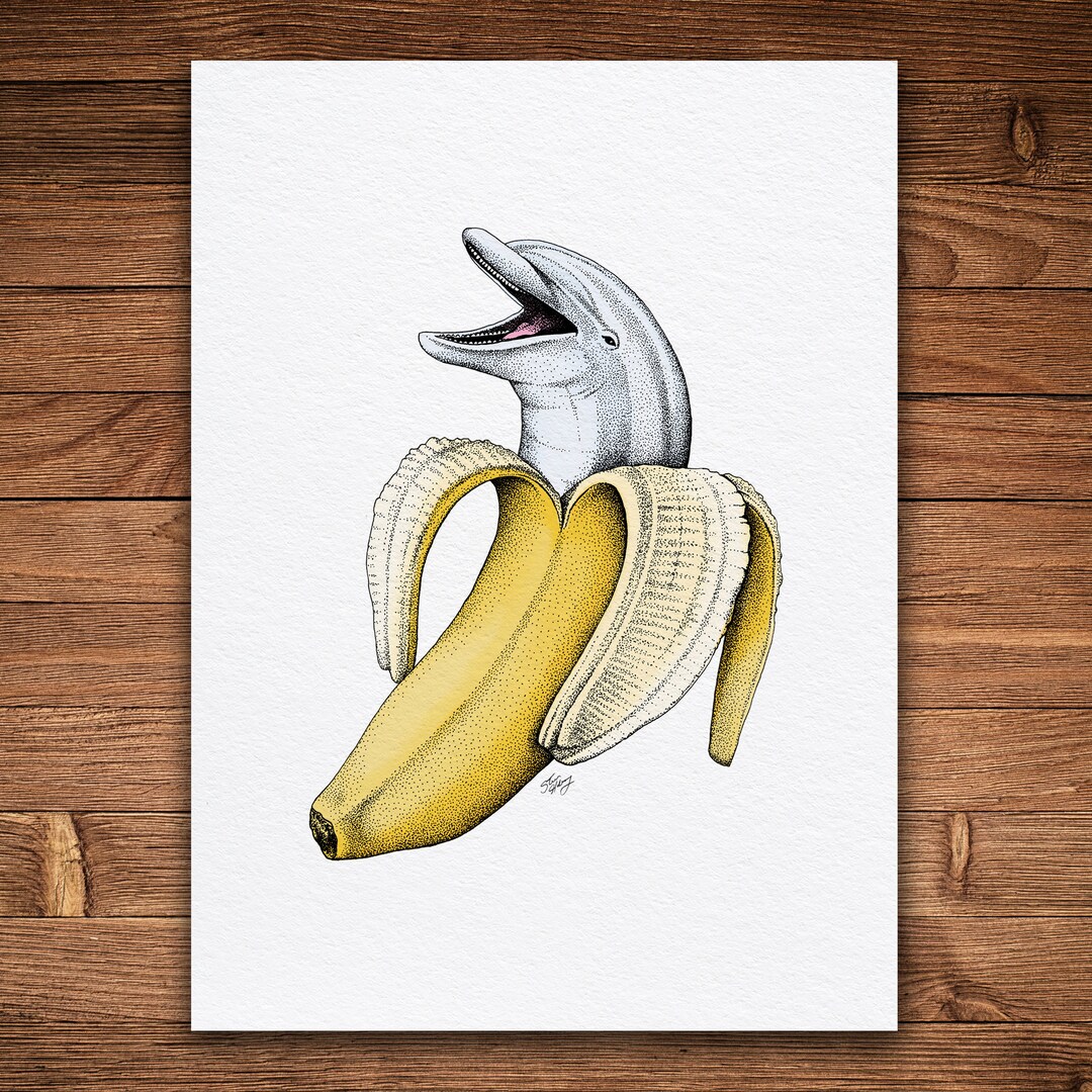Dolphin Banana, Color Version, Pen and Ink Print, Funny Animal and ...