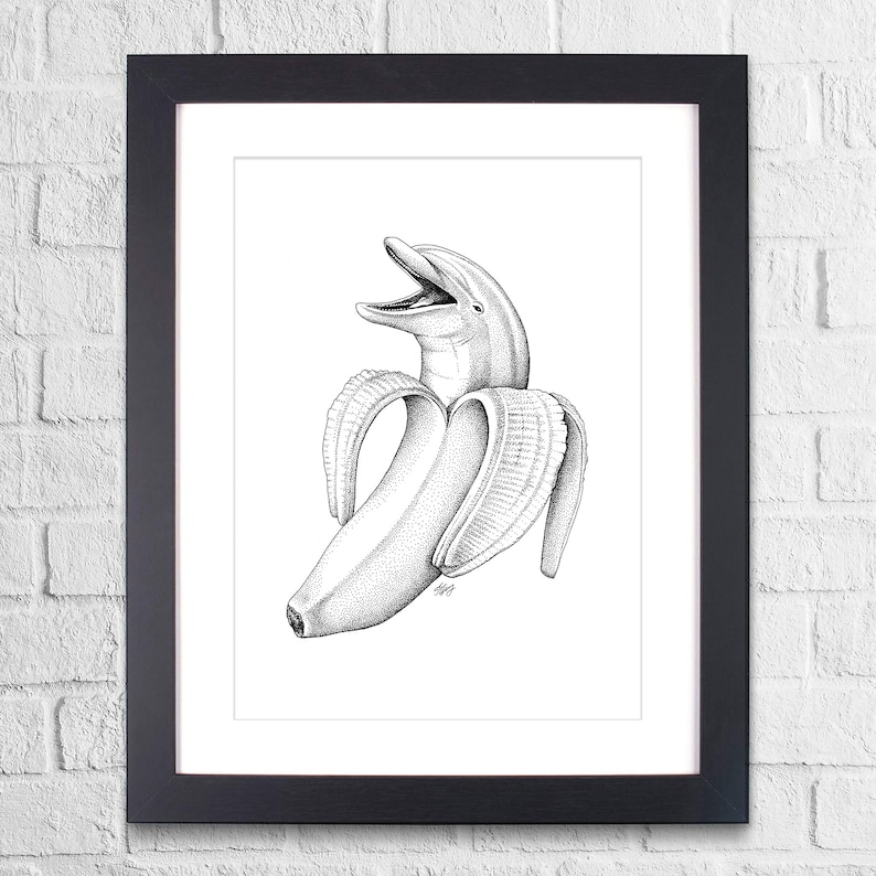 Dolphin Banana Pen & Ink Print, Funny Animal Art - Etsy