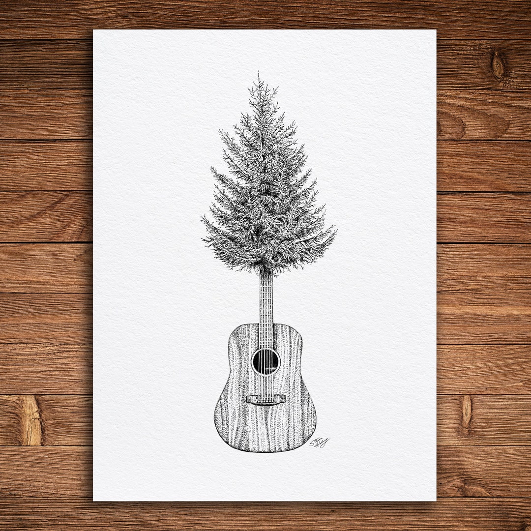 Acoustic Guitar Tree Art Print, Black and White Wall Art - Etsy