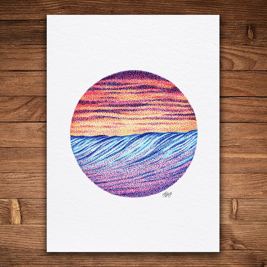 Ocean Wave Sunset, Pen and Ink Print, Whimsical Nature Art, Color ...