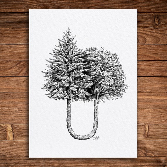 Forest Trees Pen and Ink Print Whimsical Nature Art Black - Etsy