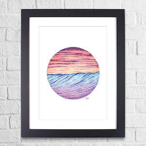 Ocean Wave Sunset, Pen and Ink Print, Whimsical Nature Art, Color ...