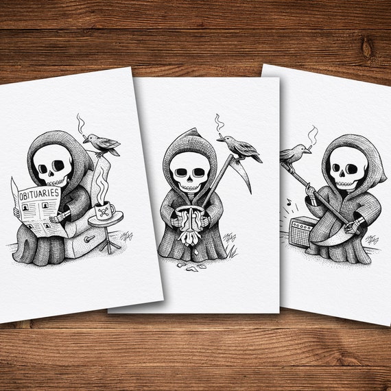 Grim Reaper set of 3 Prints Pen and Ink 5 X 7 Prints Black - Etsy