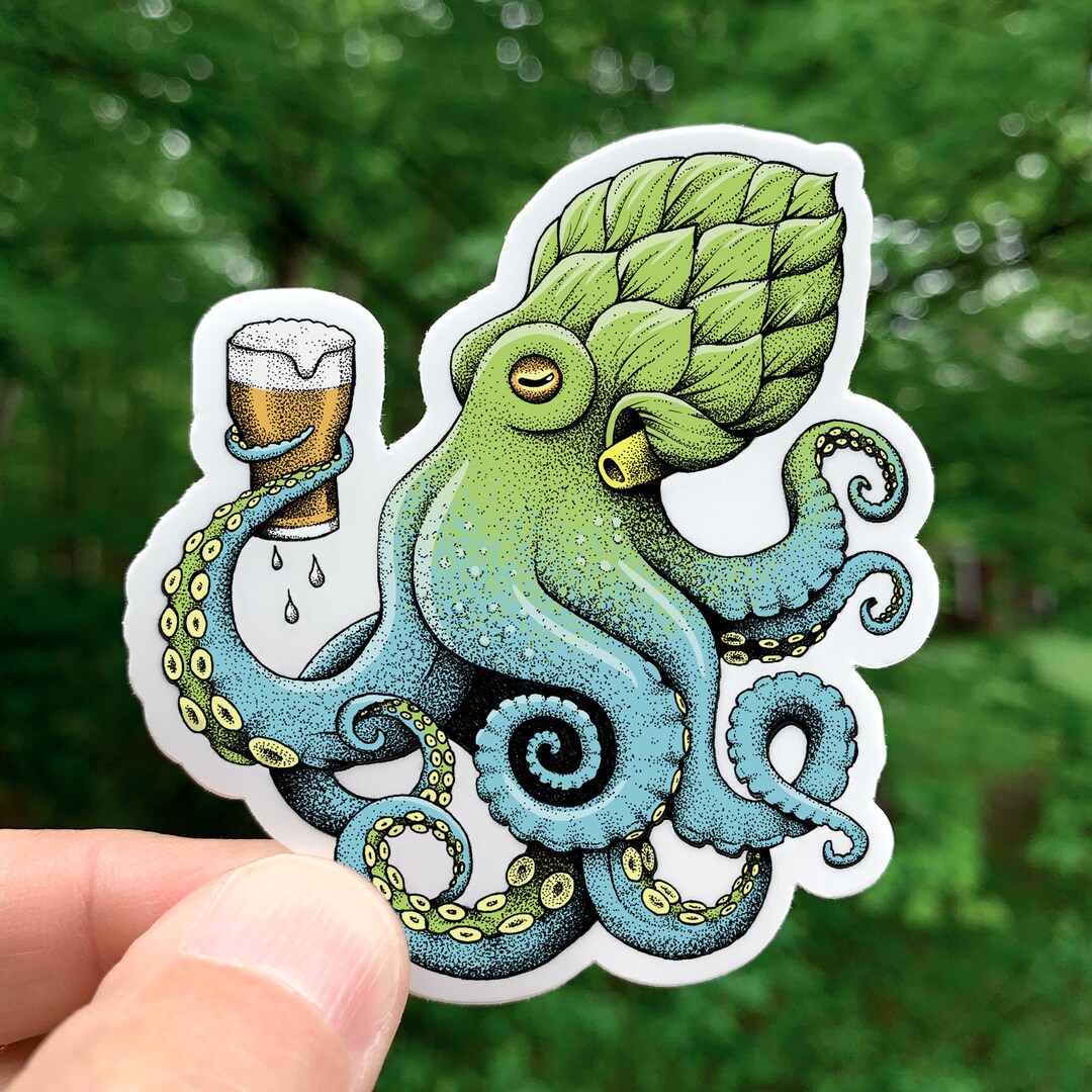 Octopus Drinking Beer Color Vinyl Sticker, Pen and Ink Illustration ...