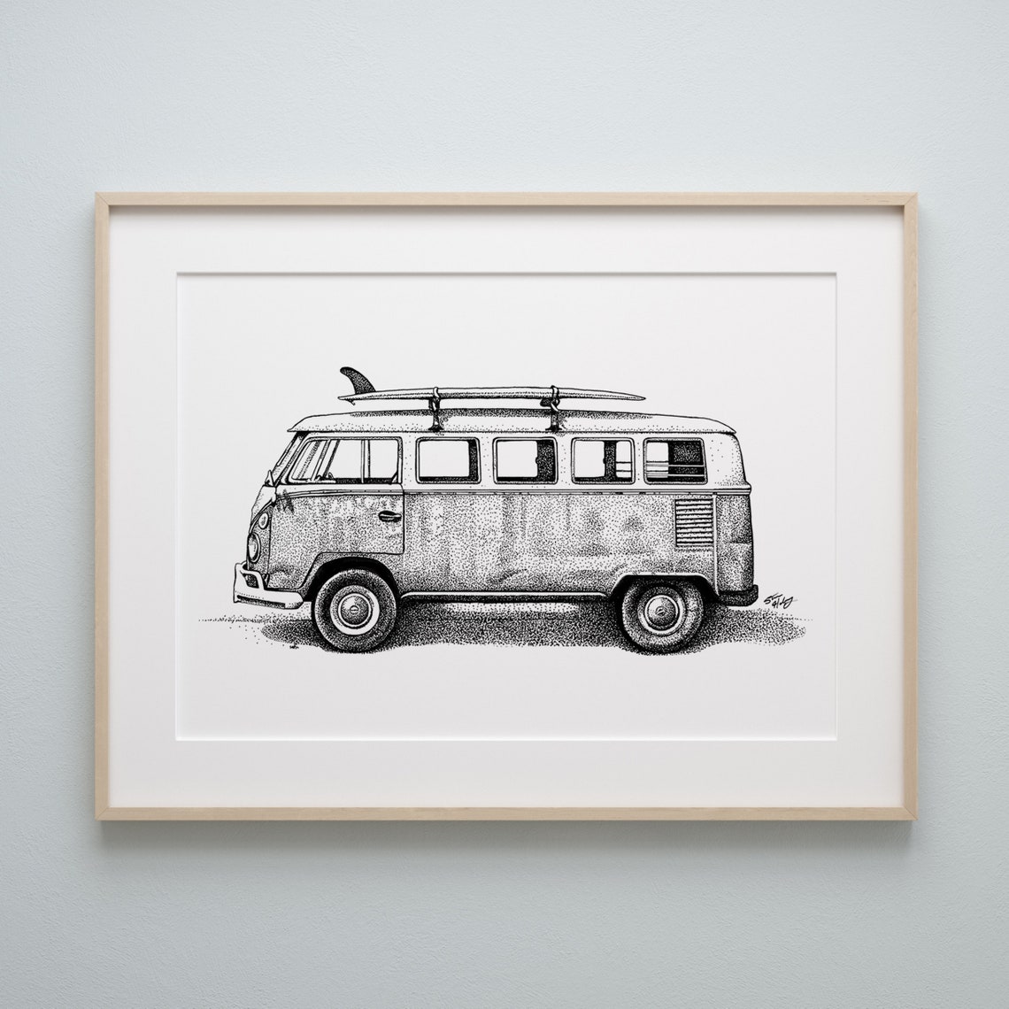 Retro Surf Van, 11 X 14 Giclee Print, Pen and Ink, Black and White ...