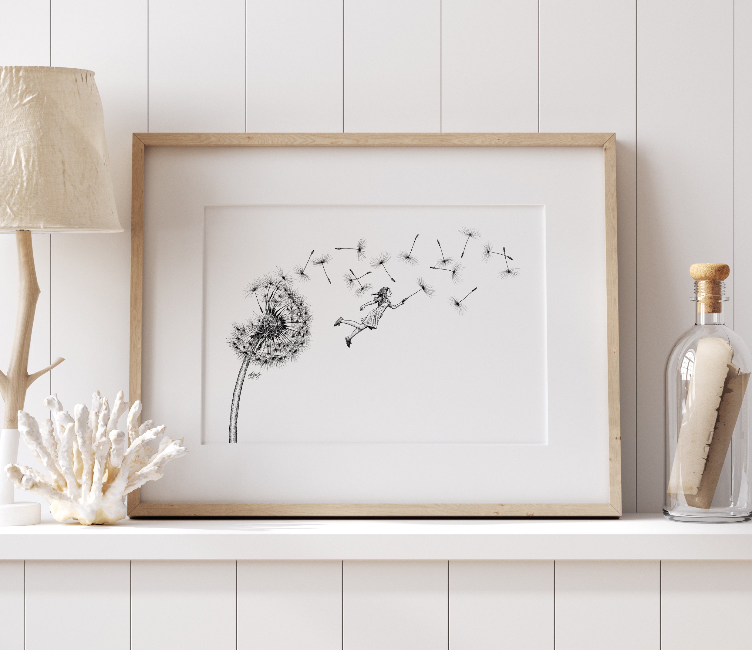Whimsical Dandelion Girl Print, Alice in Wonderland Inspired, Pen and ...