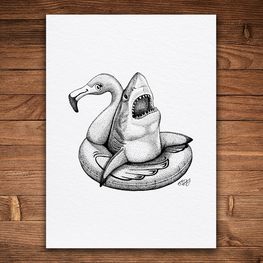 Great White Shark Print, Pen and Ink Illustration, Funny Animal Wall ...