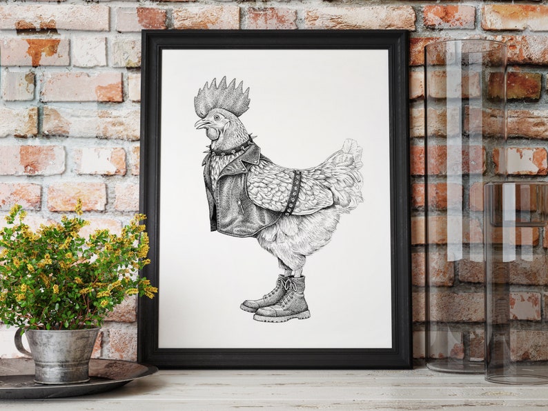 Punk Rock Chicken Pen and Ink Print Funny Animal and Nature - Etsy