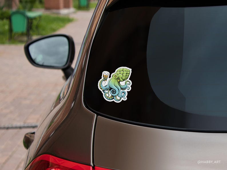 Octopus Drinking Beer Color Vinyl Sticker, Pen and Ink Illustration ...
