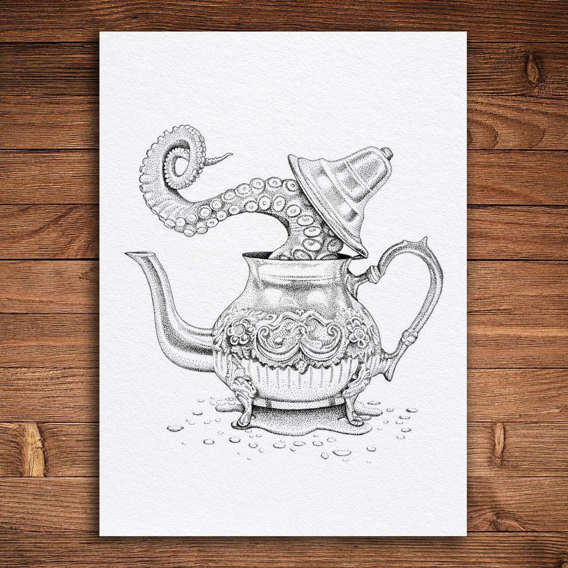 Octopus Teapot Pen and Ink Print Funny Animal and Nature - Etsy