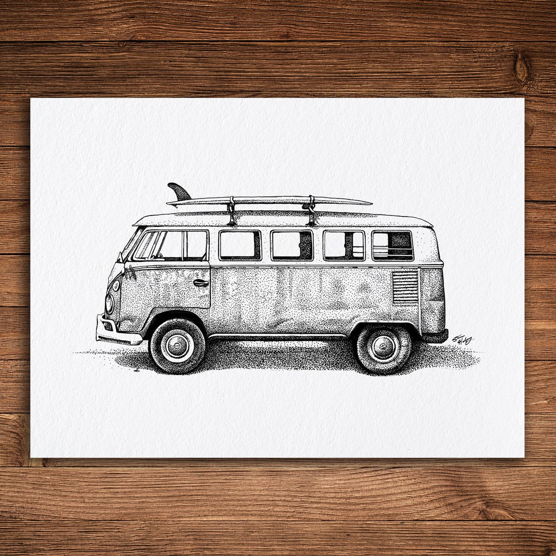 Beach Van, Pen and Ink Print, Black and White Vintage Art, Beach Wall ...