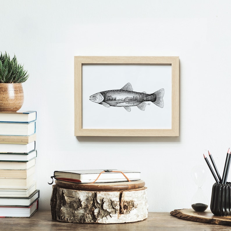 Lake Trout Pen and Ink Print Fishing and Nature Art Black | Etsy