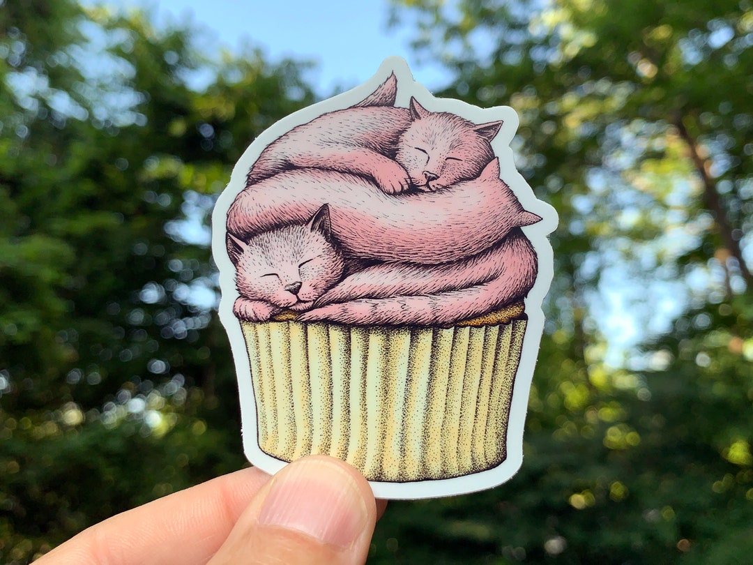 Cat Cupcake Vinyl Sticker, Pen and Ink Illustration, Funny Animal and ...