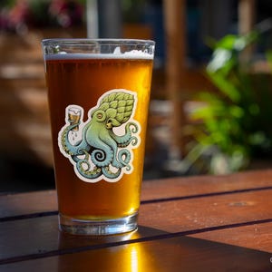 Octopus Drinking Beer Color Vinyl Sticker, Pen and Ink Illustration ...