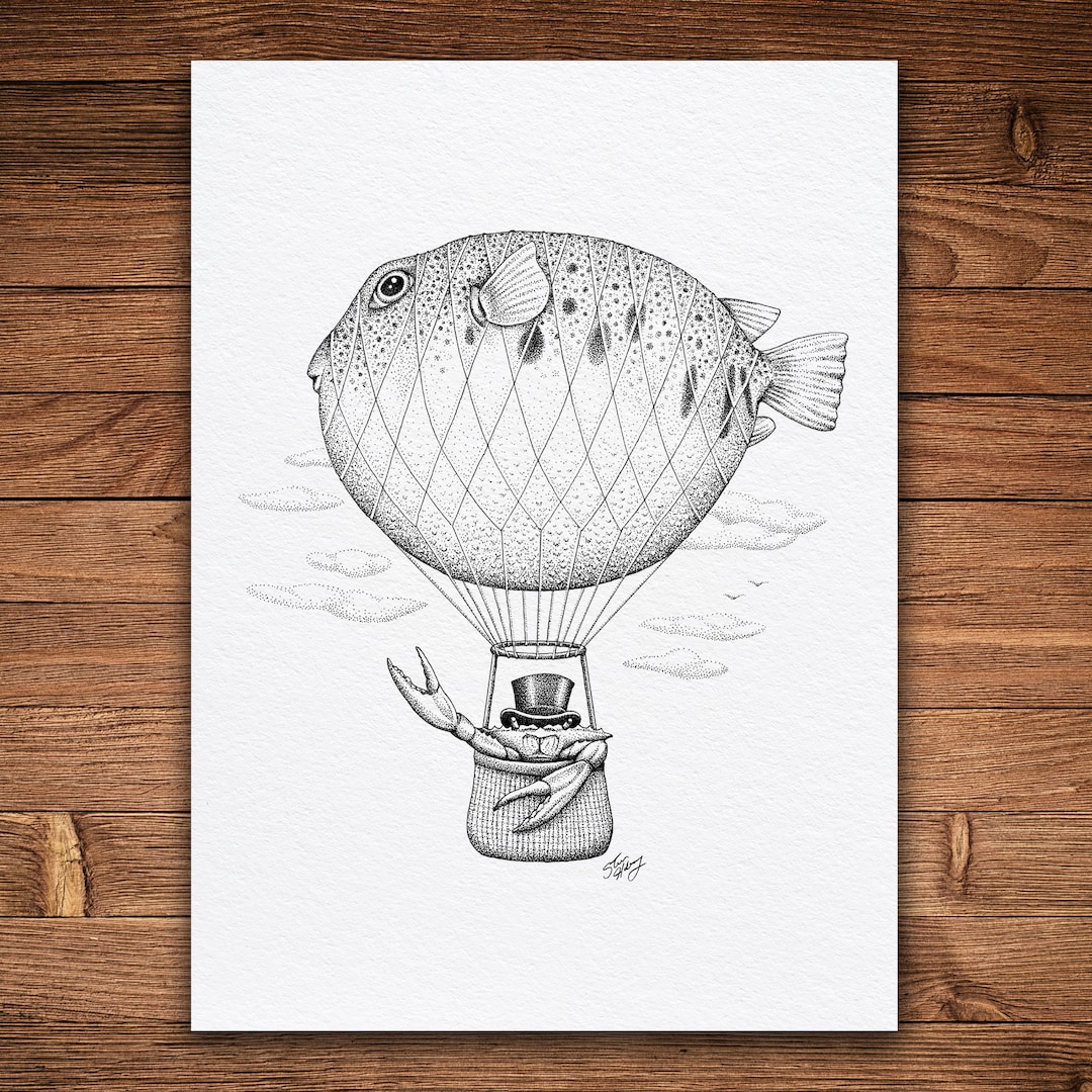 Blowfish Air Balloon, Pen and Ink Print, Funny Animal and Nature Art ...