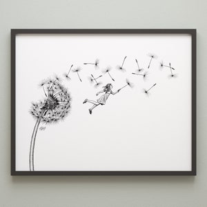 Whimsical Dandelion Girl Print, Alice in Wonderland Inspired, Pen and ...