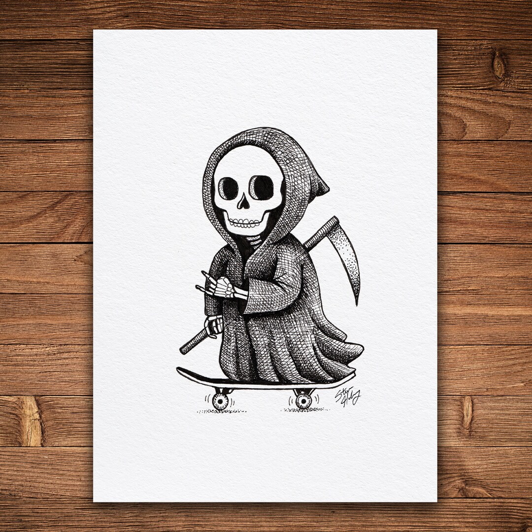 Grim Reaper Skateboarding, Pen and Ink Print, Black and White, Spooky ...