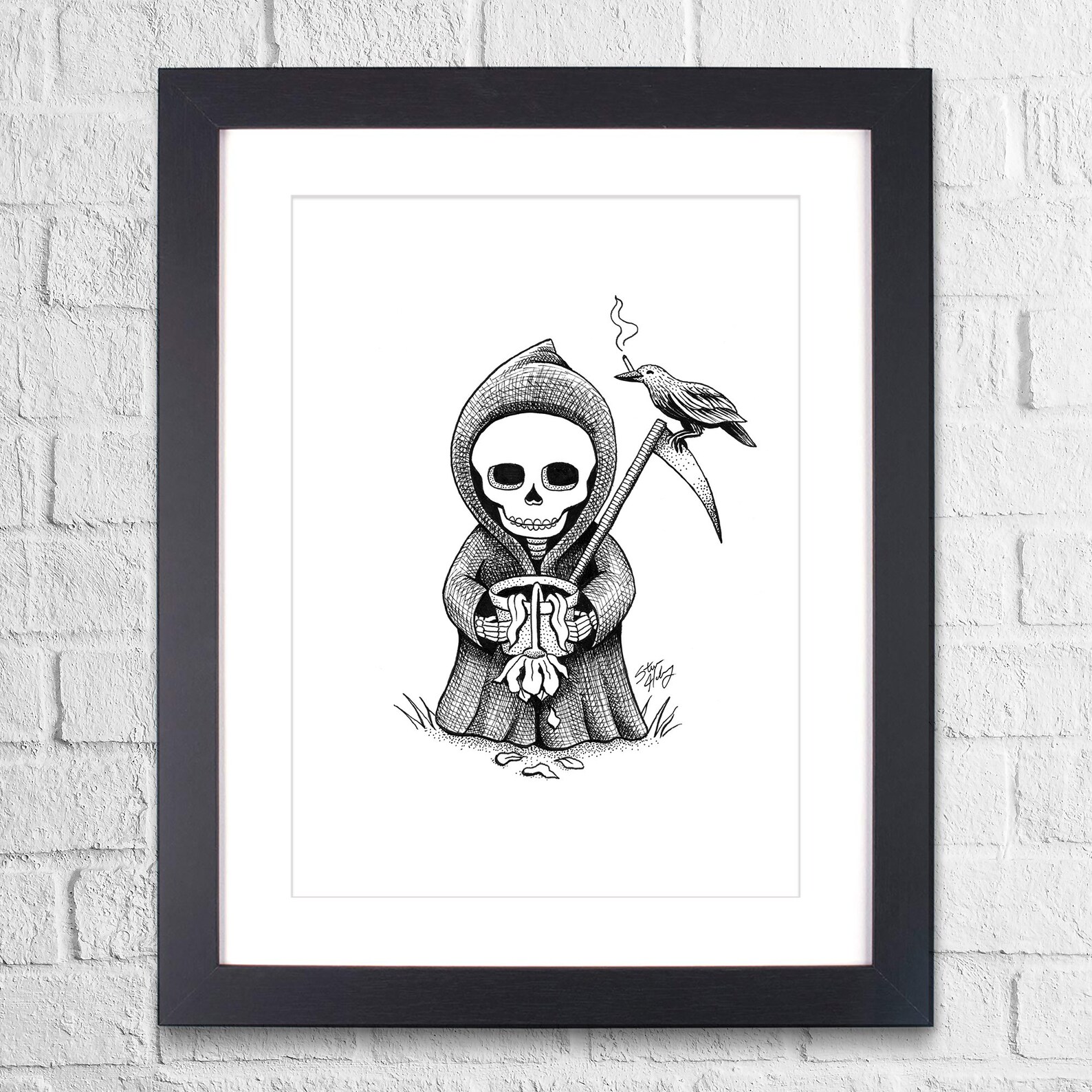 Grim Reaper Flower Pen and Ink Print Black and White Spooky - Etsy