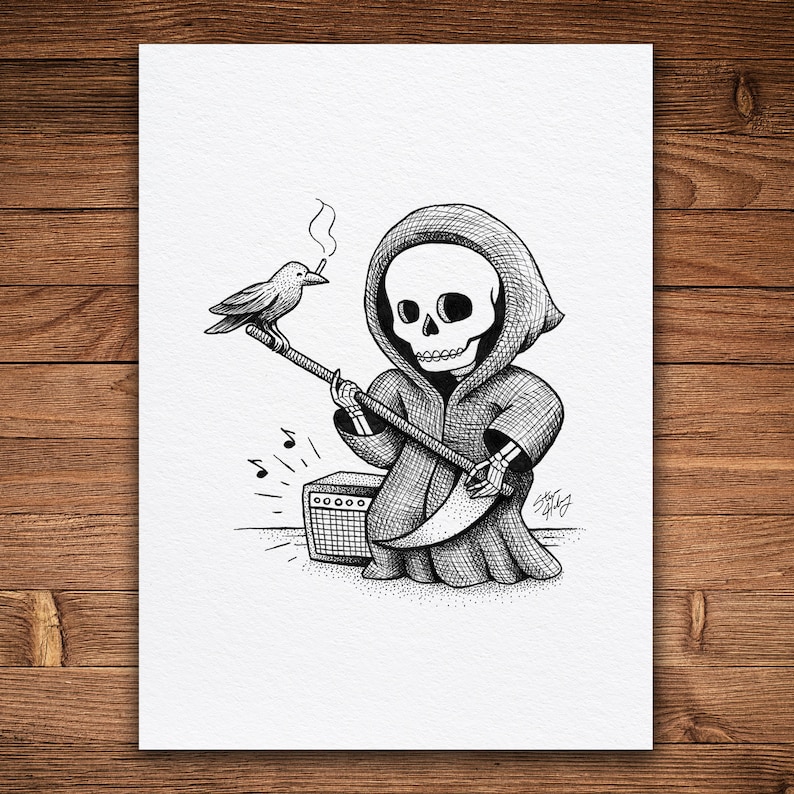 Grim Reaper Death Metal Pen and Ink Print Black and White - Etsy