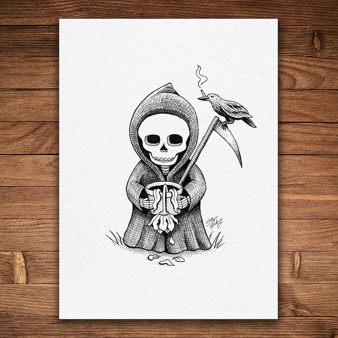 Grim Reaper Flower, Pen and Ink Print, Black and White, Spooky Cute ...