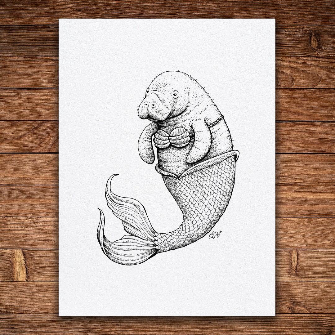 Manatee Mermaid Pen & Ink Print, Funny Animal Art - Etsy