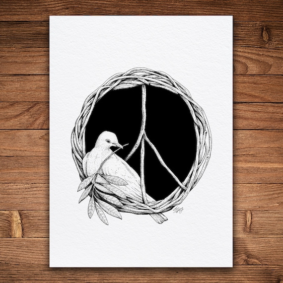 Peace Dove Pen and Ink Print Nature Art Black and White - Etsy