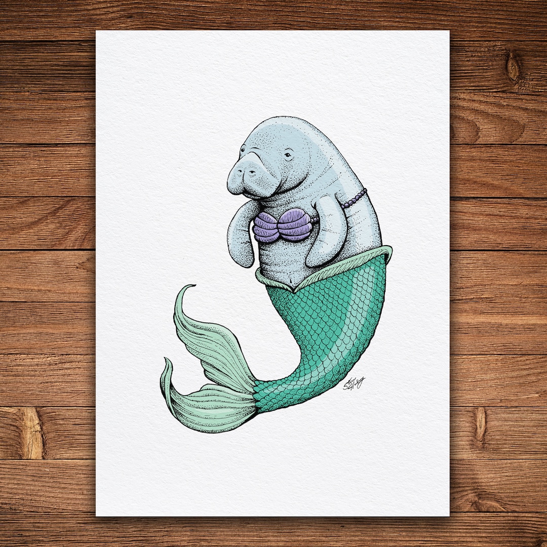 Manatee Mermaid, Color Version, Pen and Ink Print, Funny Animal and ...