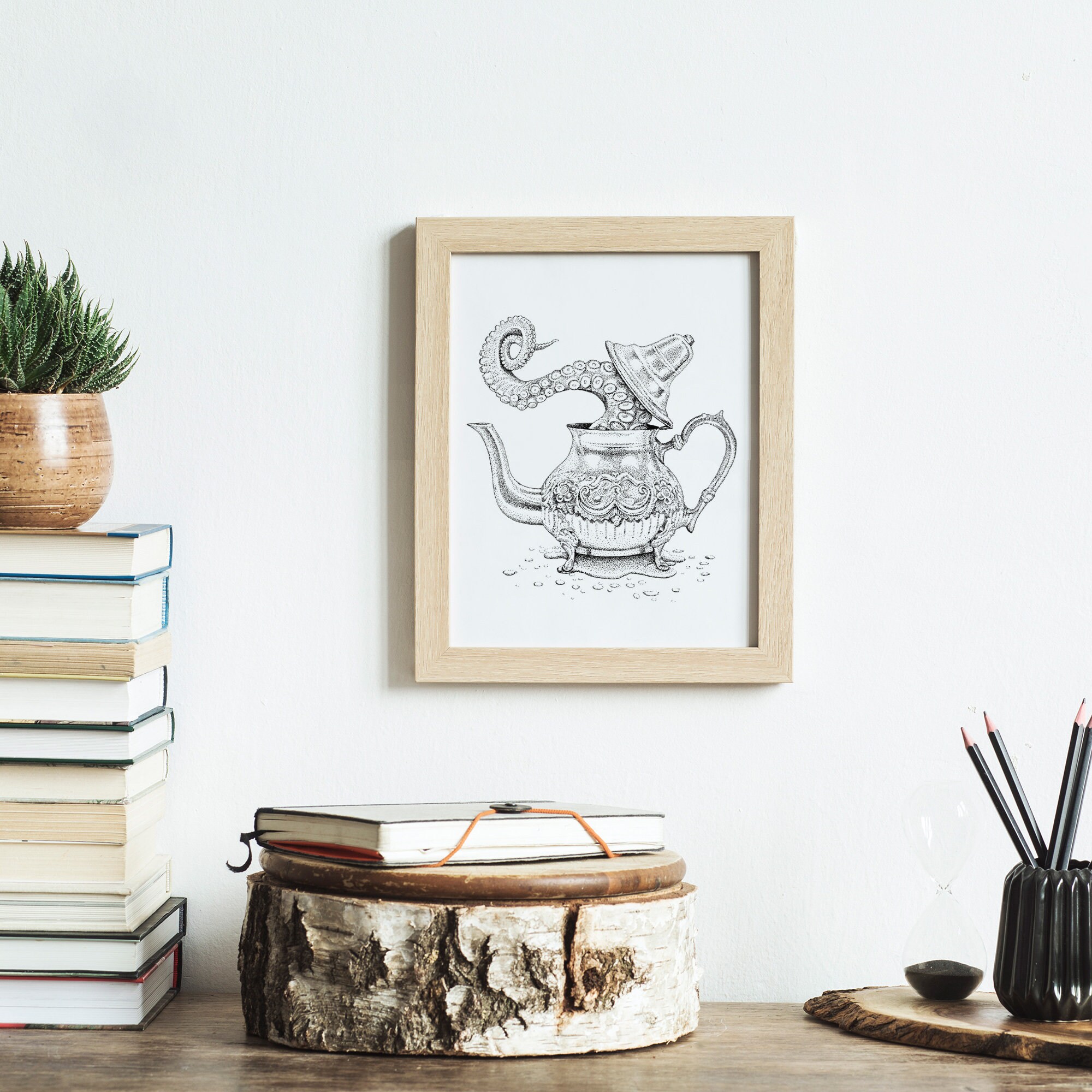 Octopus Teapot Pen and Ink Print Funny Animal and Nature - Etsy