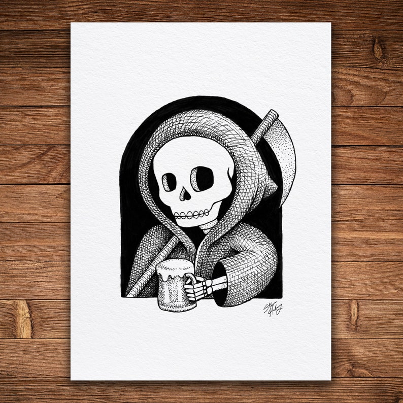 Grim Reaper Beer Drinker Pen and Ink Print Black and White - Etsy